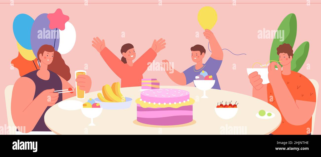 Birthday party. Family celebrating, woman man and children eating ...