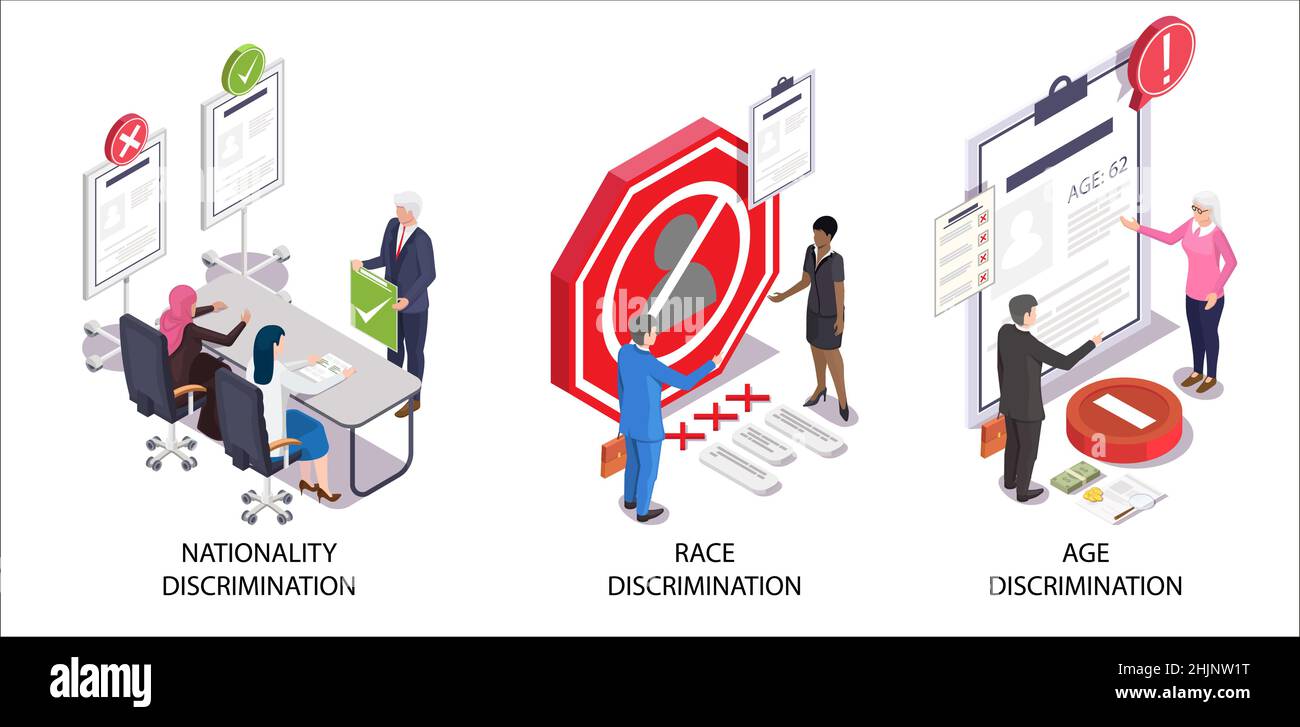 Employment discrimination scene set, vector isometric illustration. Nationality, race and age ...