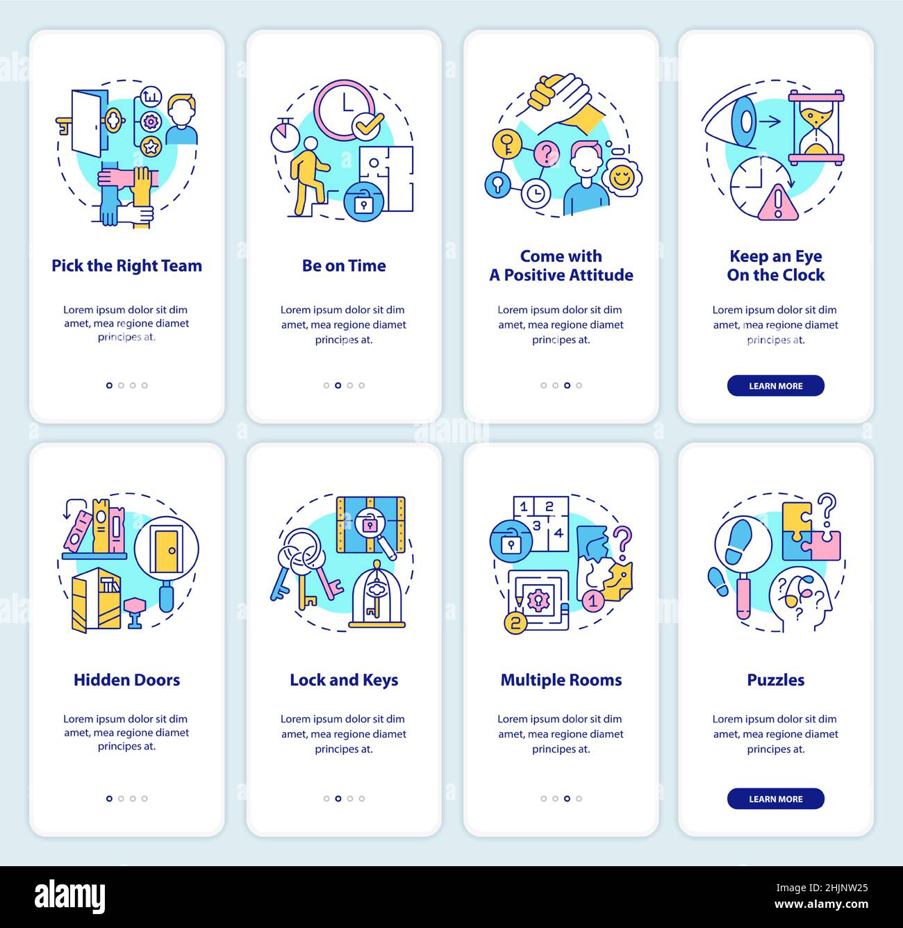 Escape room experience onboarding mobile app screen set Stock Vector ...