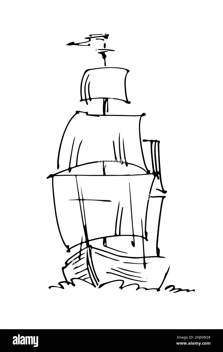 Sailboat floats on waves. Big ship. Outline sketch. Hand drawing ...