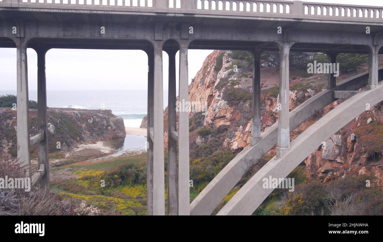 Arch bridge over river creek in canyon, pacific coast highway scenic ...