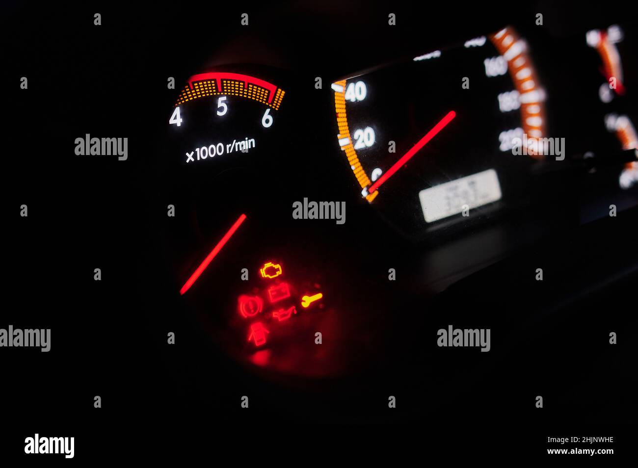 Luxury car speedometer close up. Speedometer arrows in dark colors ...