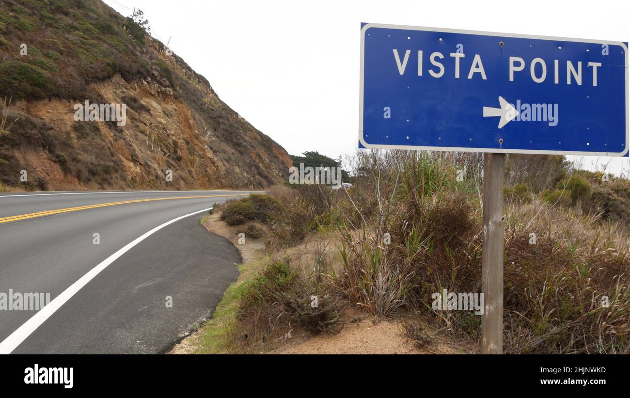 Pacific coast highway 1, Vista point road sign on Cabrillo road along ...