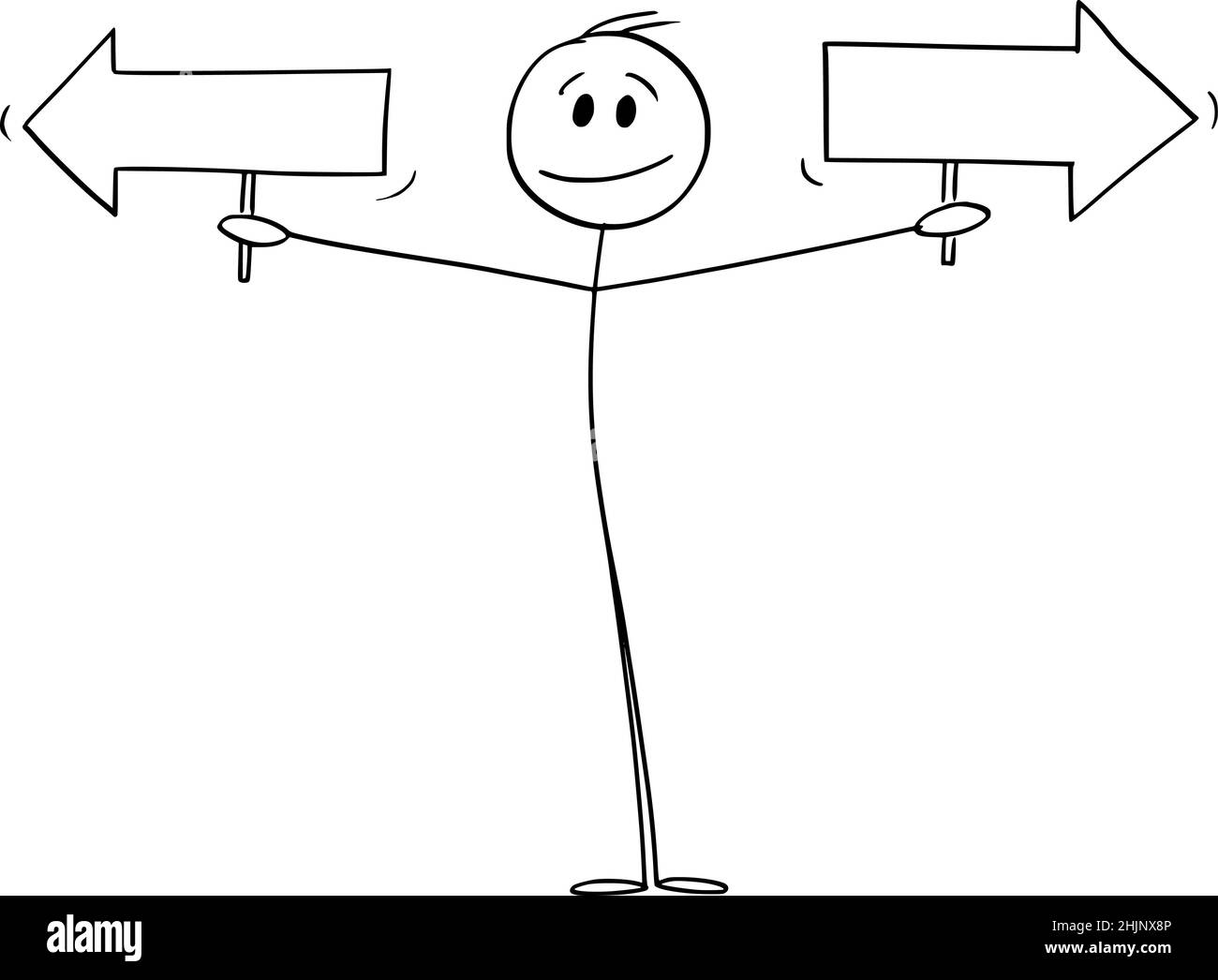 Person or Businessman Holding Two Arrows, Vector Cartoon Stick Figure ...