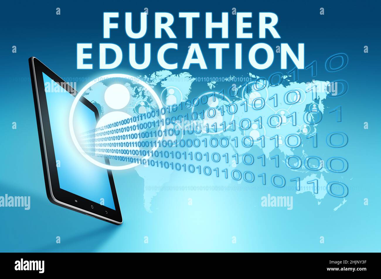 Further Education - text with social icons and tablet computer on blue ...
