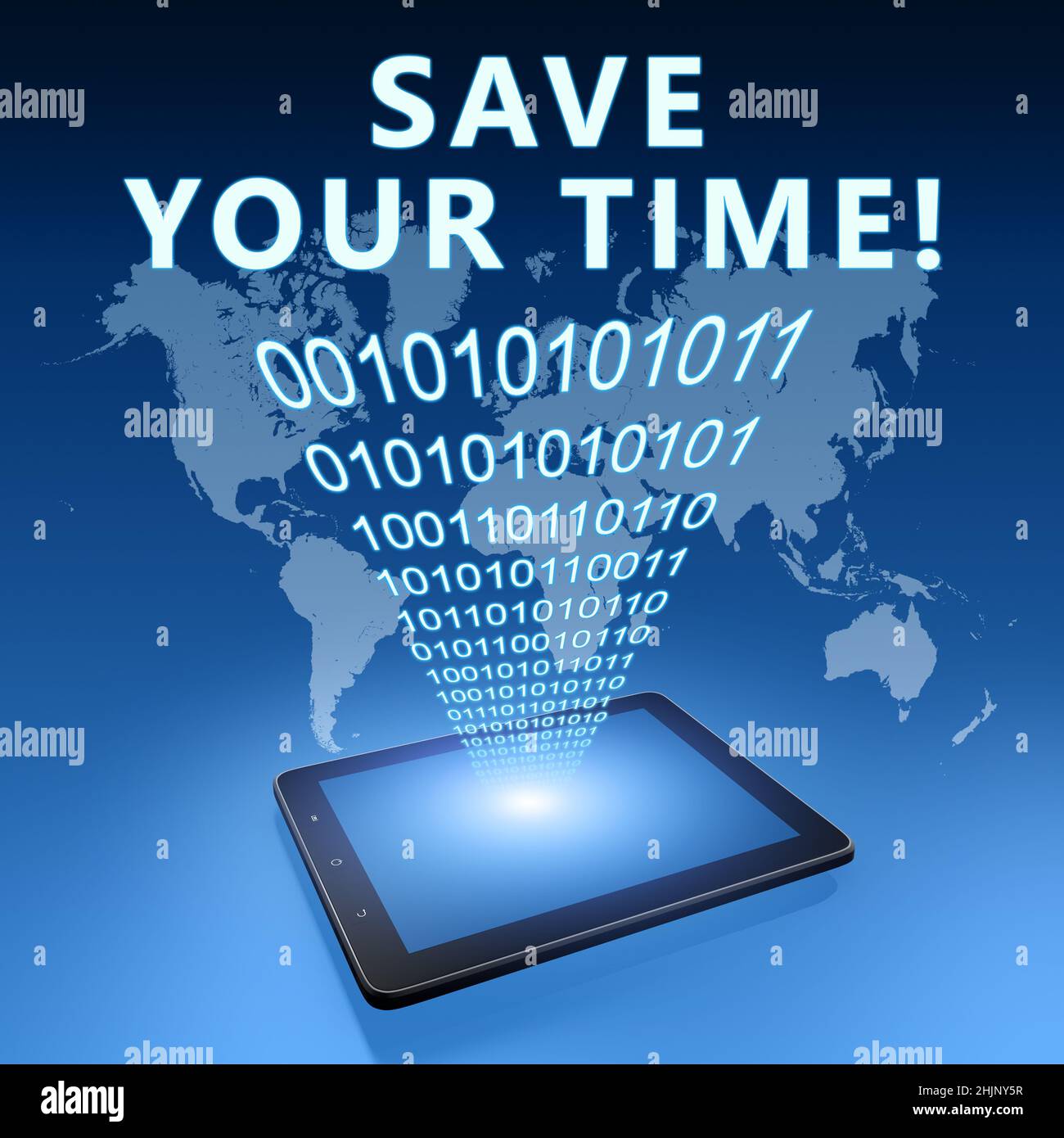 Save your Time - text with tablet computer on blue digital world map ...