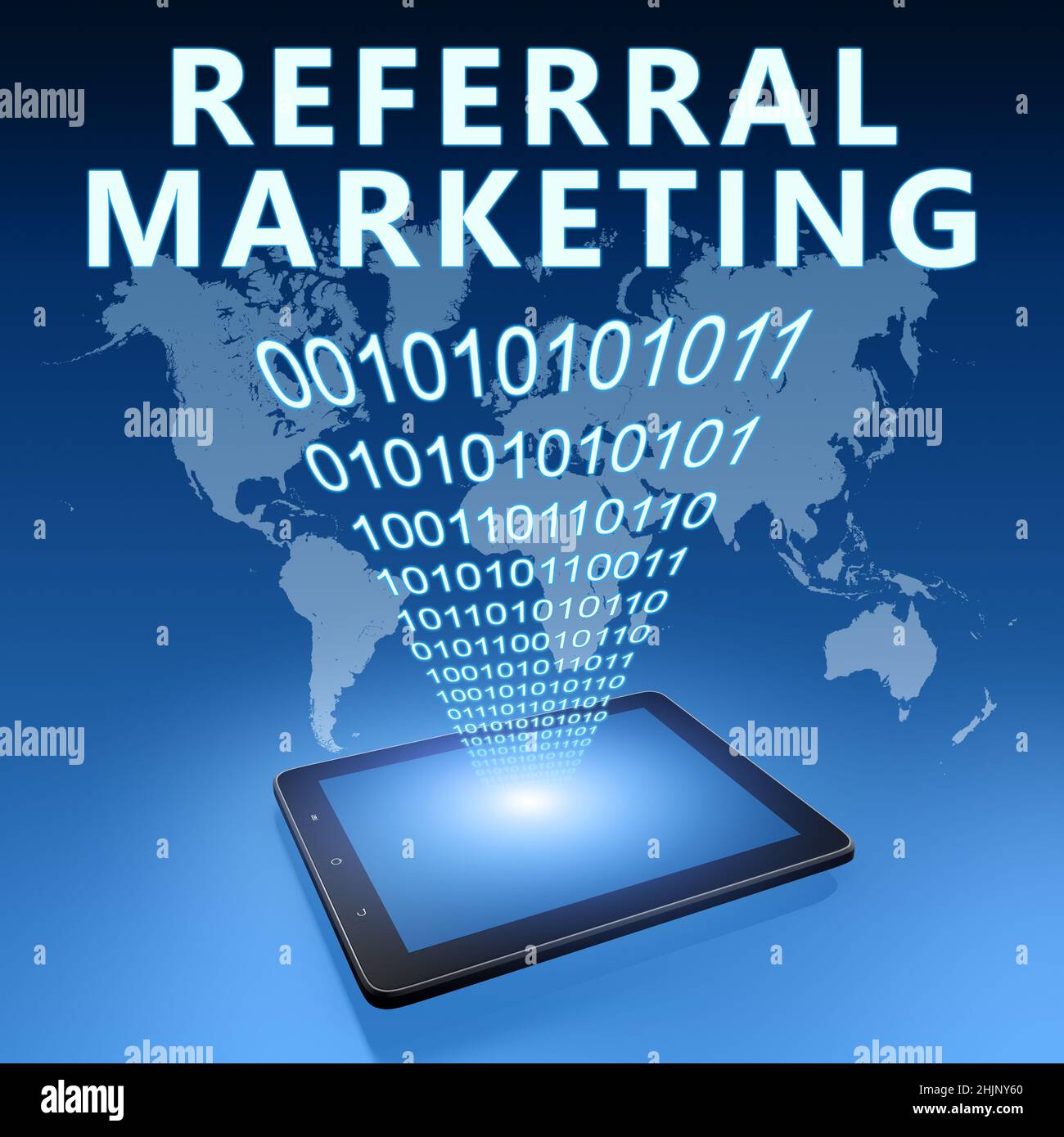Referral Marketing - text with tablet computer on blue digital world map background. 3D Render ...