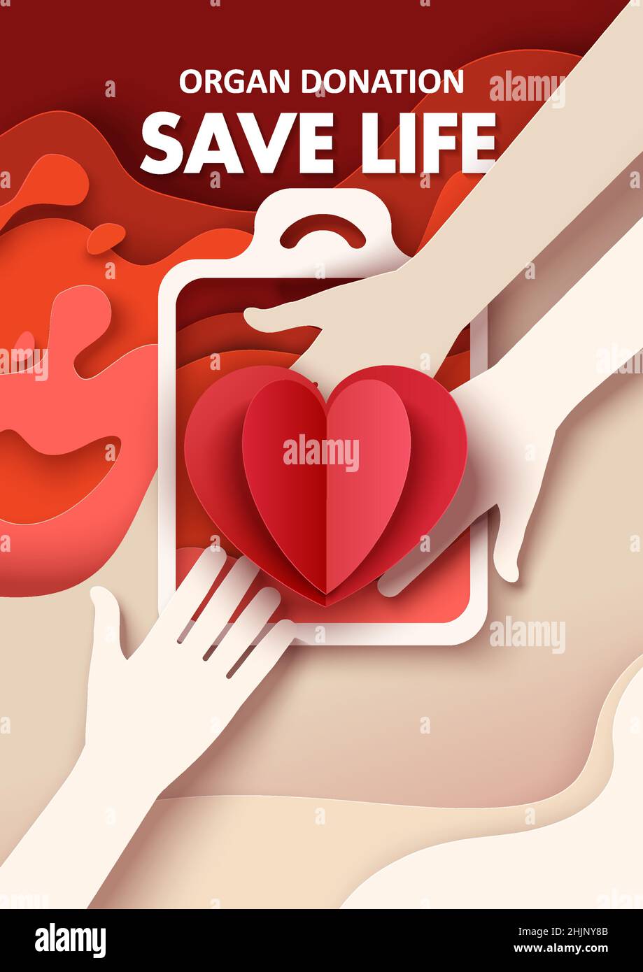 Hands giving heart, vector paper cut illustration. Human organ ...