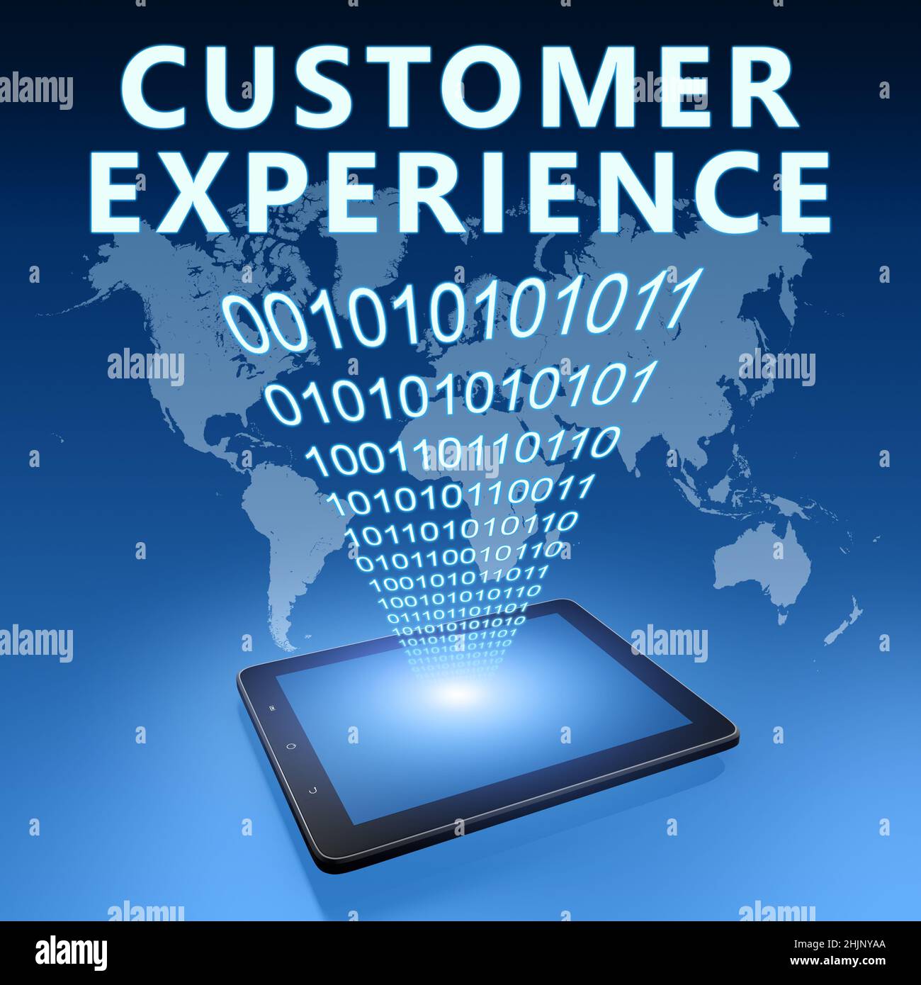 Customer Experience - text with tablet computer on blue digital world map background. 3D Render ...