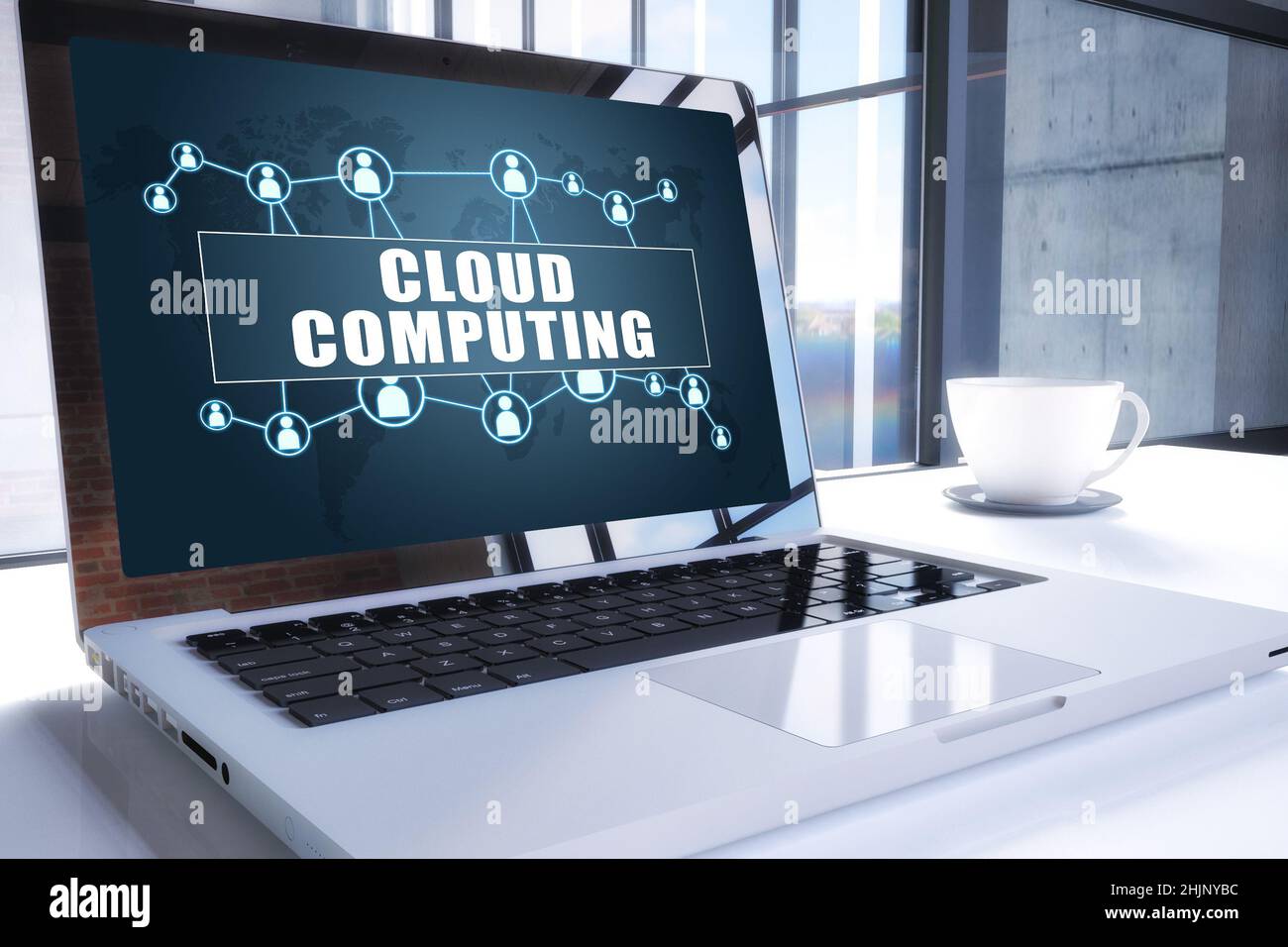 Cloud Computing text on modern laptop screen in office environment. 3D ...