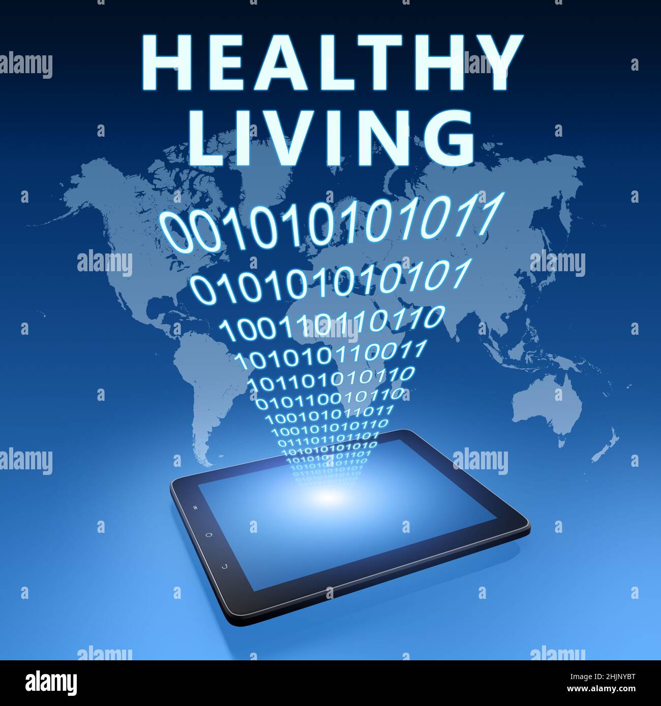 Healthy Living - text with tablet computer on blue digital world map ...