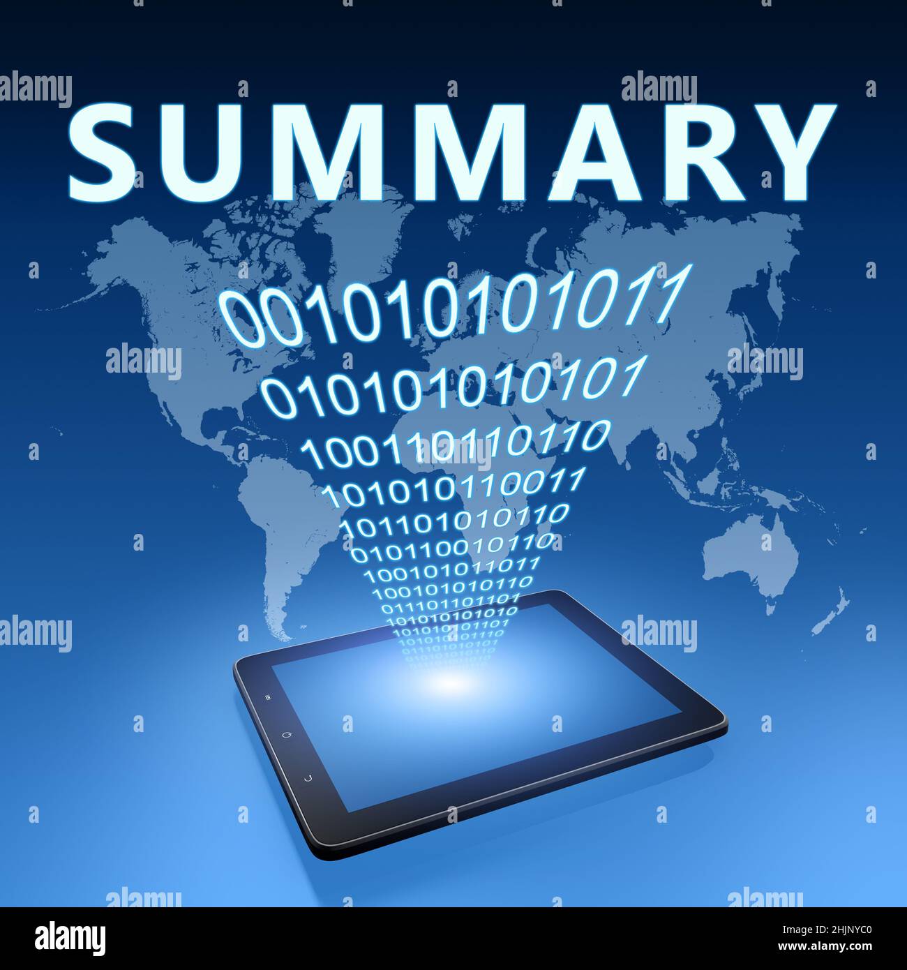 Summary - text with tablet computer on blue digital world map ...