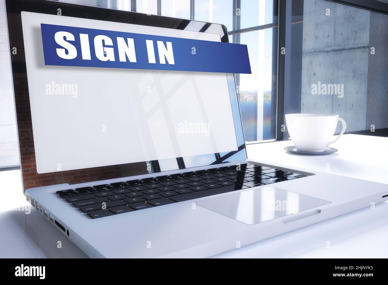 Sign in text on modern laptop screen in office environment. 3D render ...