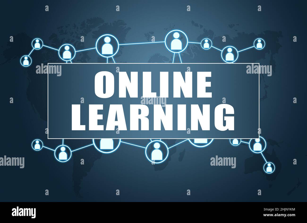 Online Learning - text concept on blue background with world map and ...