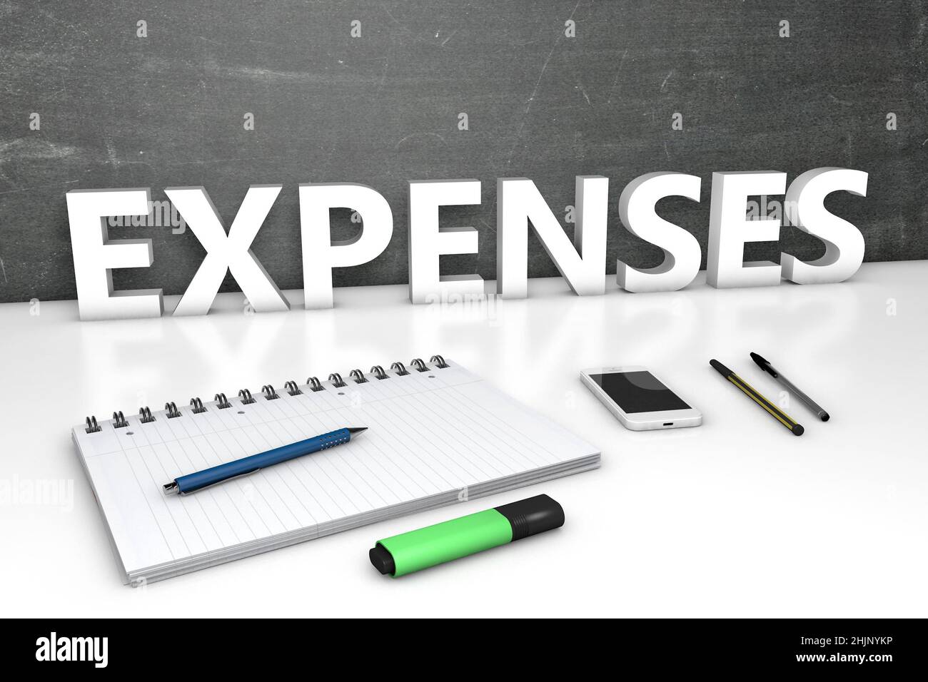 Expenses - text concept with chalkboard, notebook, pens and mobile ...