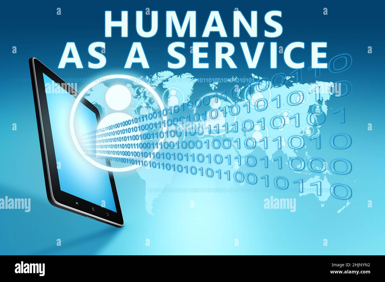 Humans as a Service - text with social icons and tablet computer on blue digital world map ...