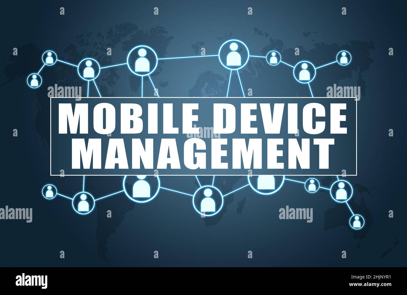 Mobile Device Management - text concept on blue background with world ...