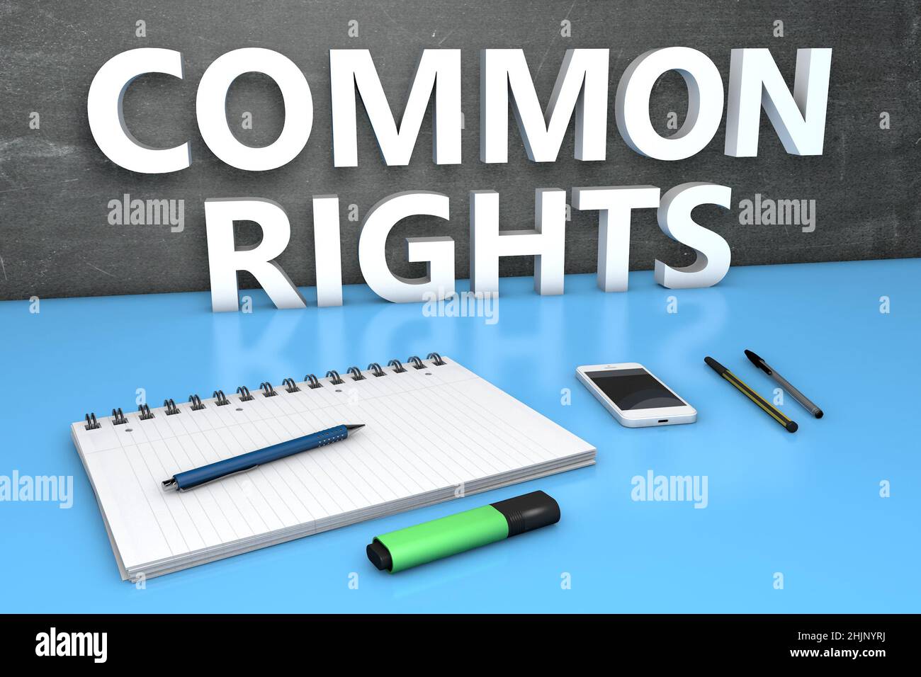Common Rights - text concept with chalkboard, notebook, pens and mobile ...