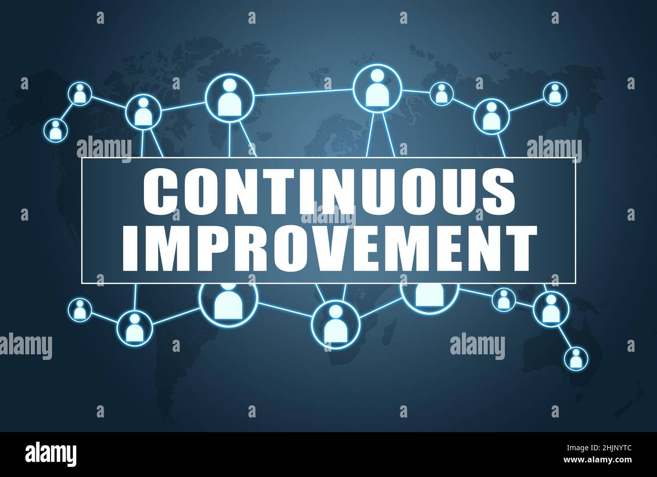 Continuous Improvement - text concept on blue background with world map ...