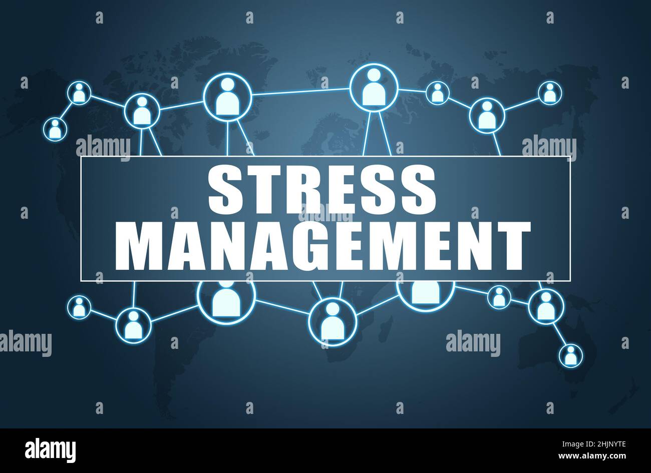 Stress Management - text concept on blue background with world map and ...