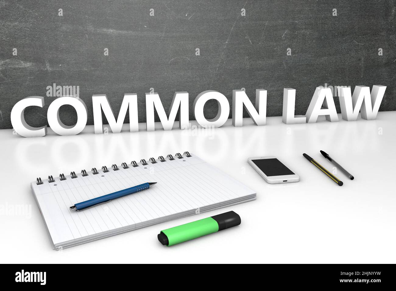 Common Law - text concept with chalkboard, notebook, pens and mobile ...