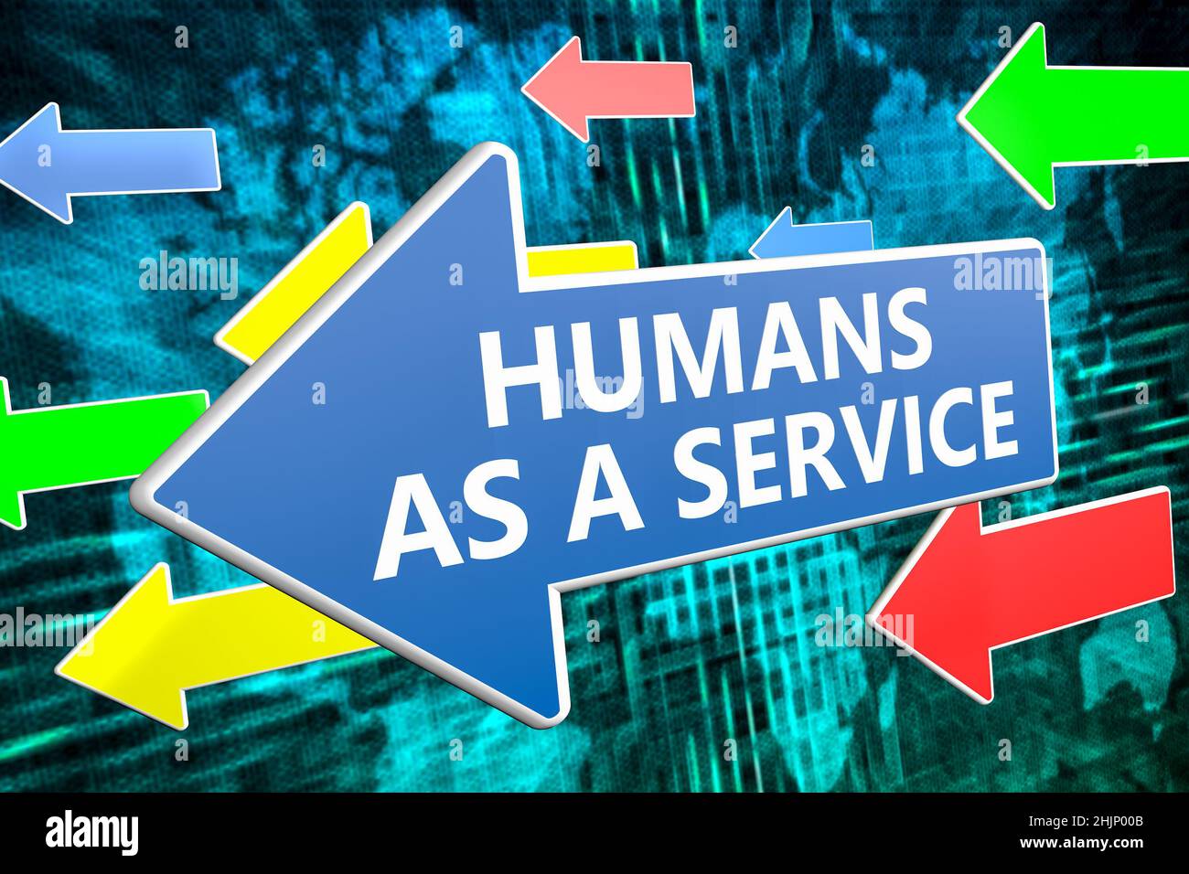 Humans as a Service - text concept on blue arrow flying over green ...