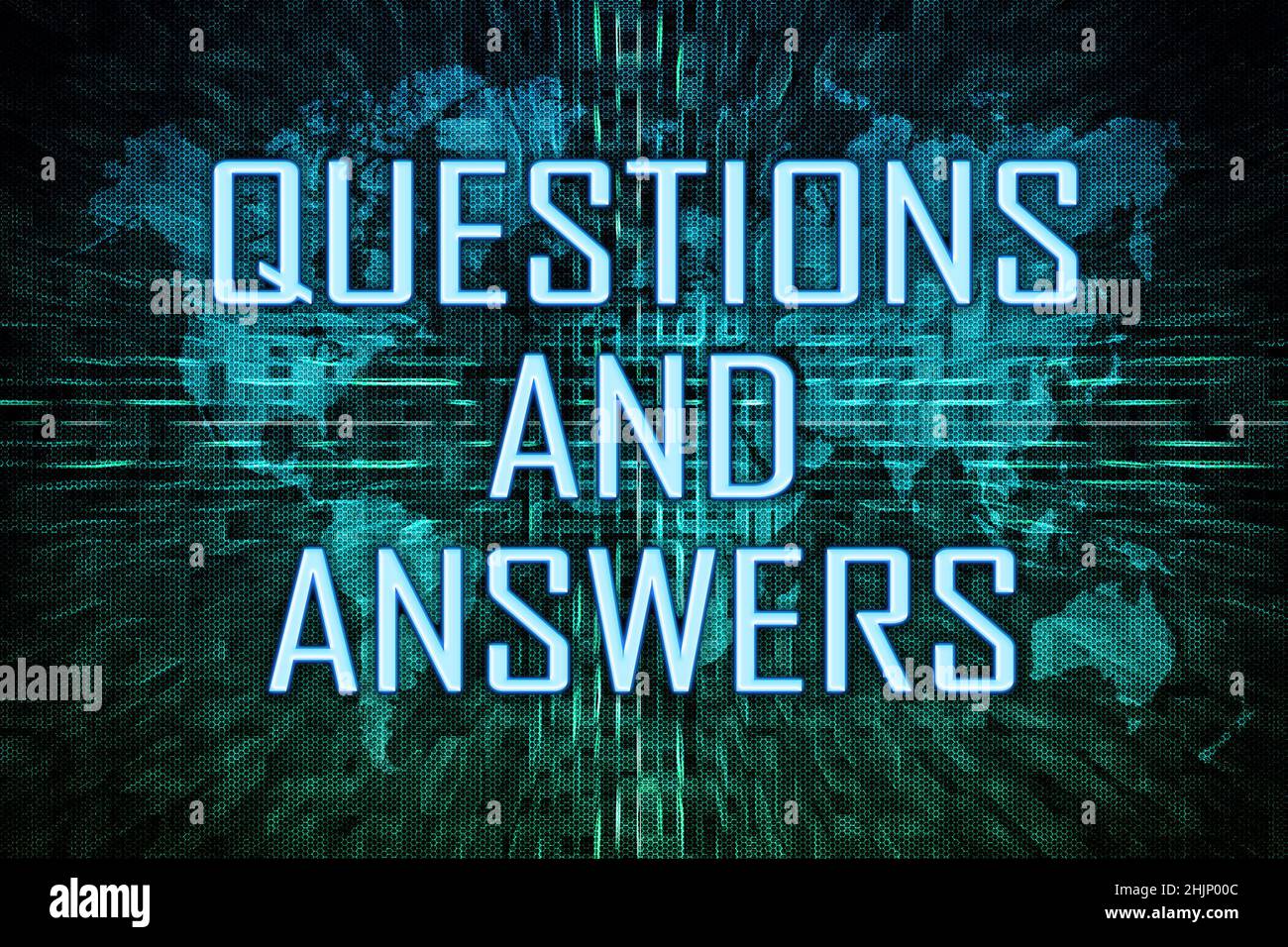 Questions and Answers text concept on green world map background Stock ...