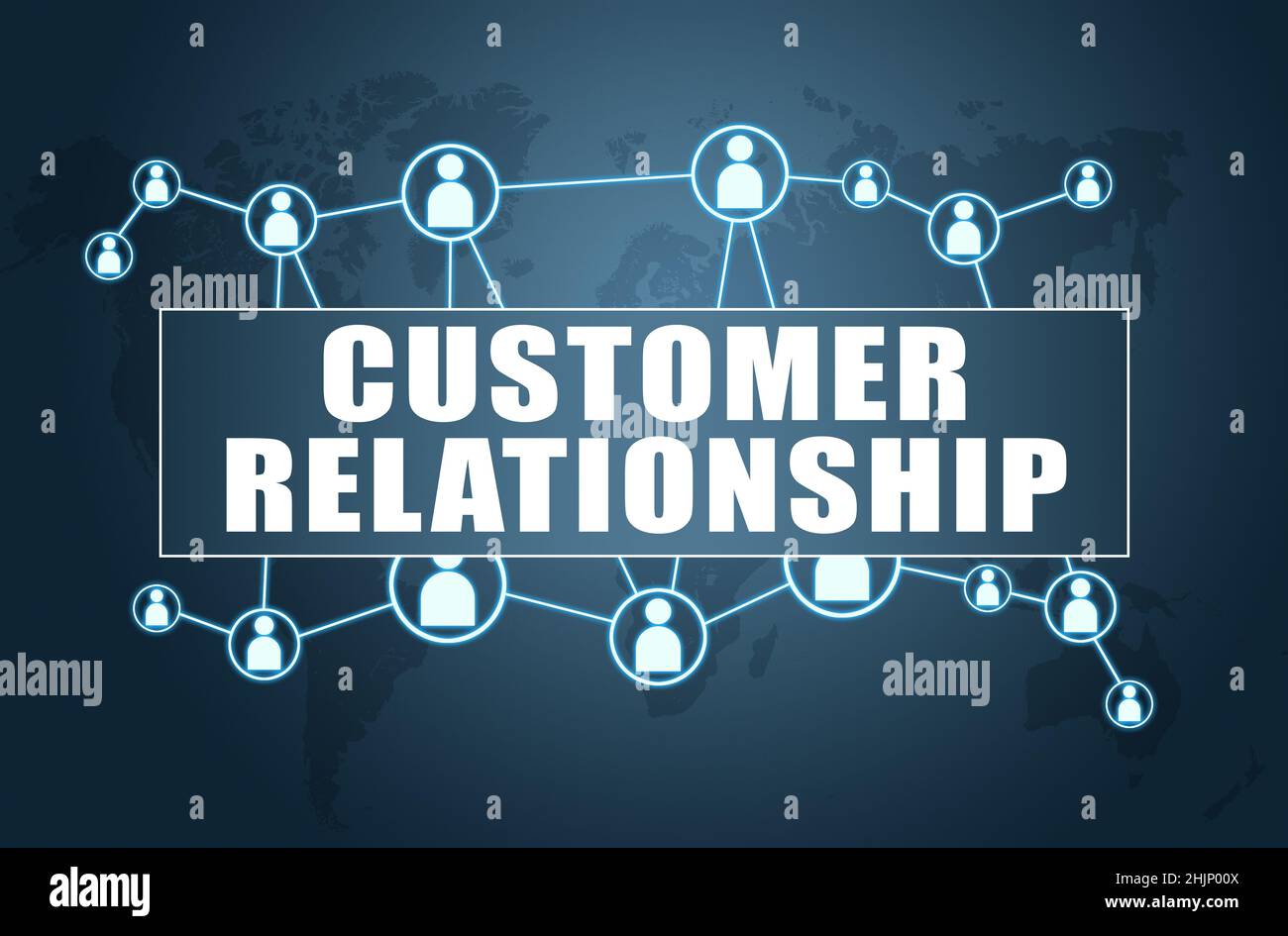 Customer Relationship - text concept on blue background with world map ...