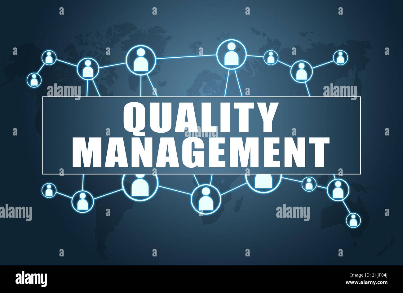 Quality Management - text concept on blue background with world map and ...
