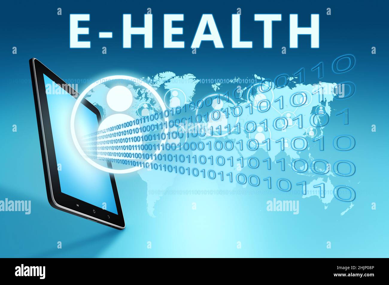 E-Health - text with social icons and tablet computer on blue digital ...
