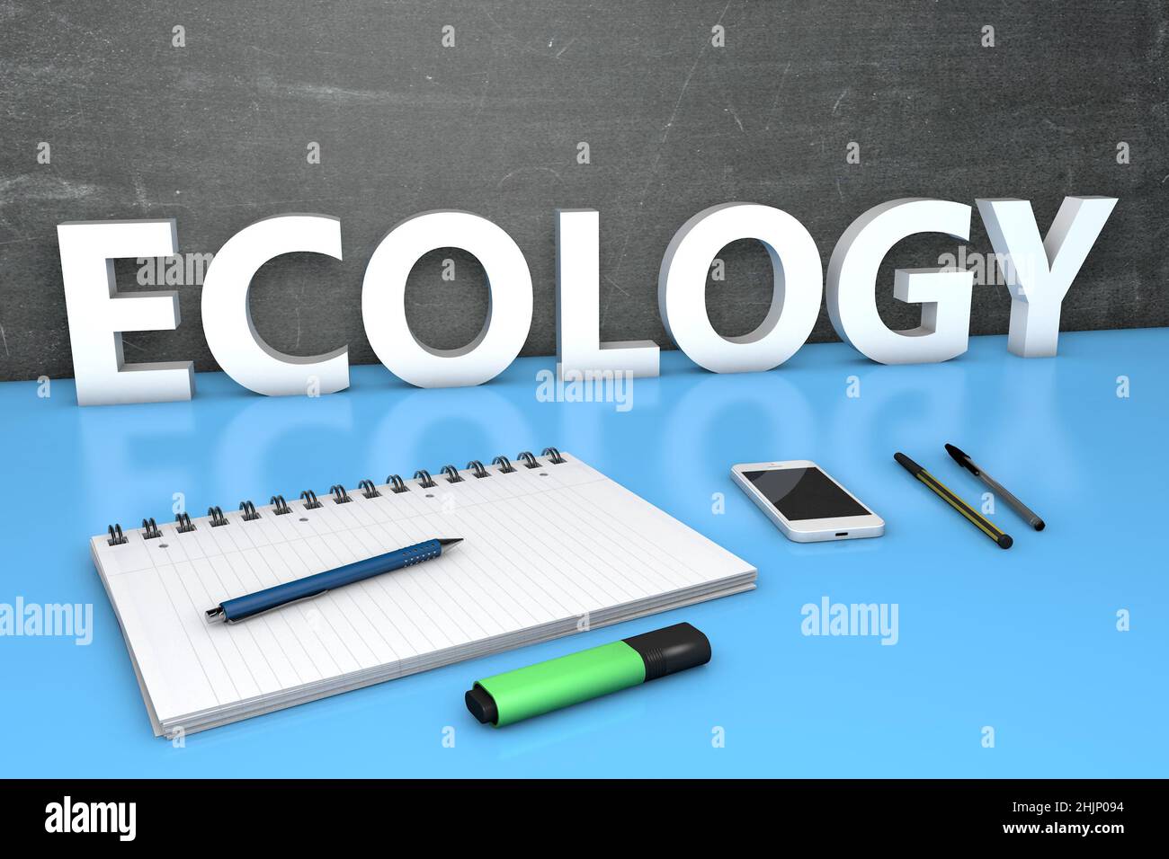 Ecology - text concept with chalkboard, notebook, pens and mobile phone ...