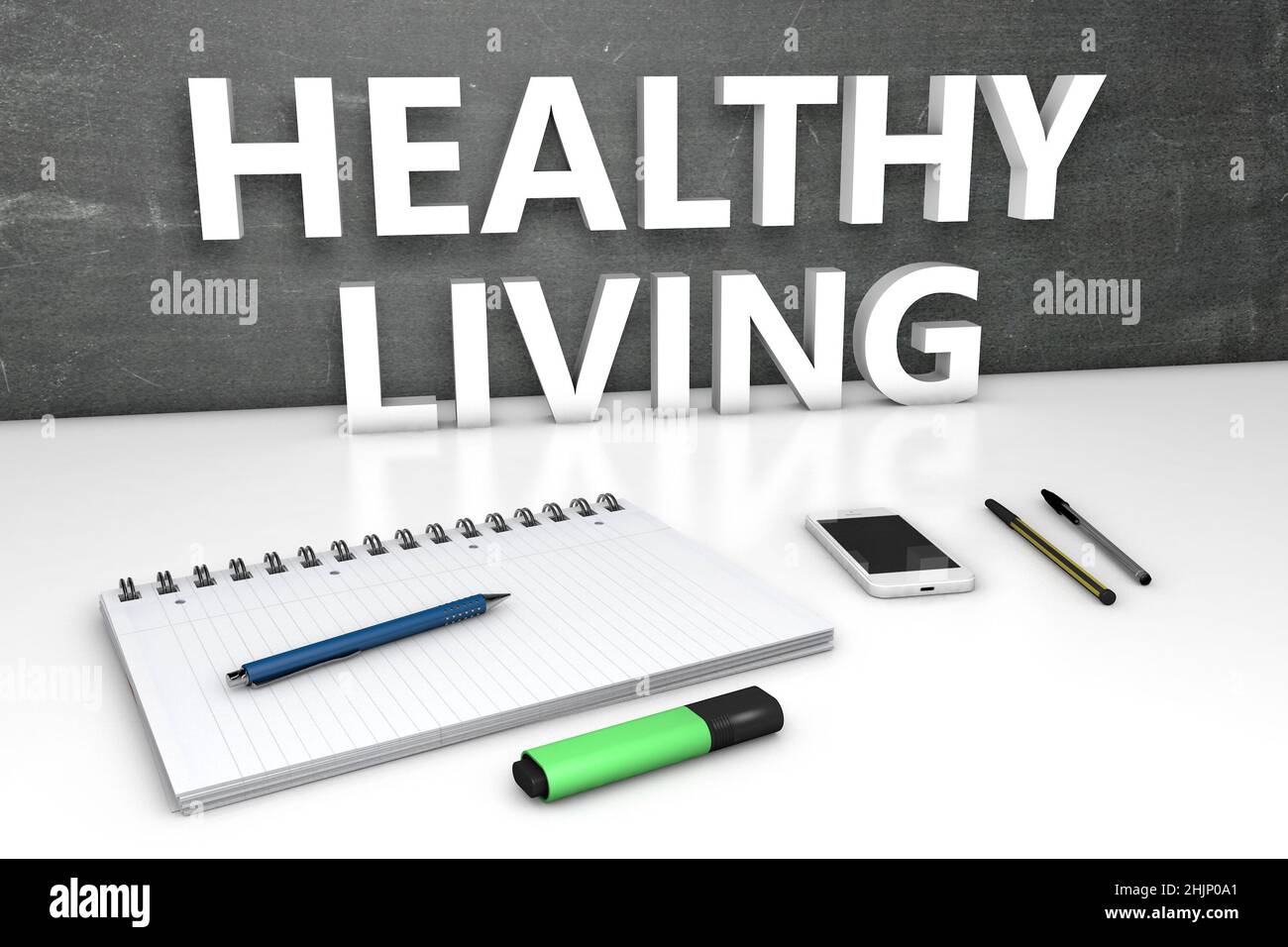 Healthy Living - text concept with chalkboard, notebook, pens and ...