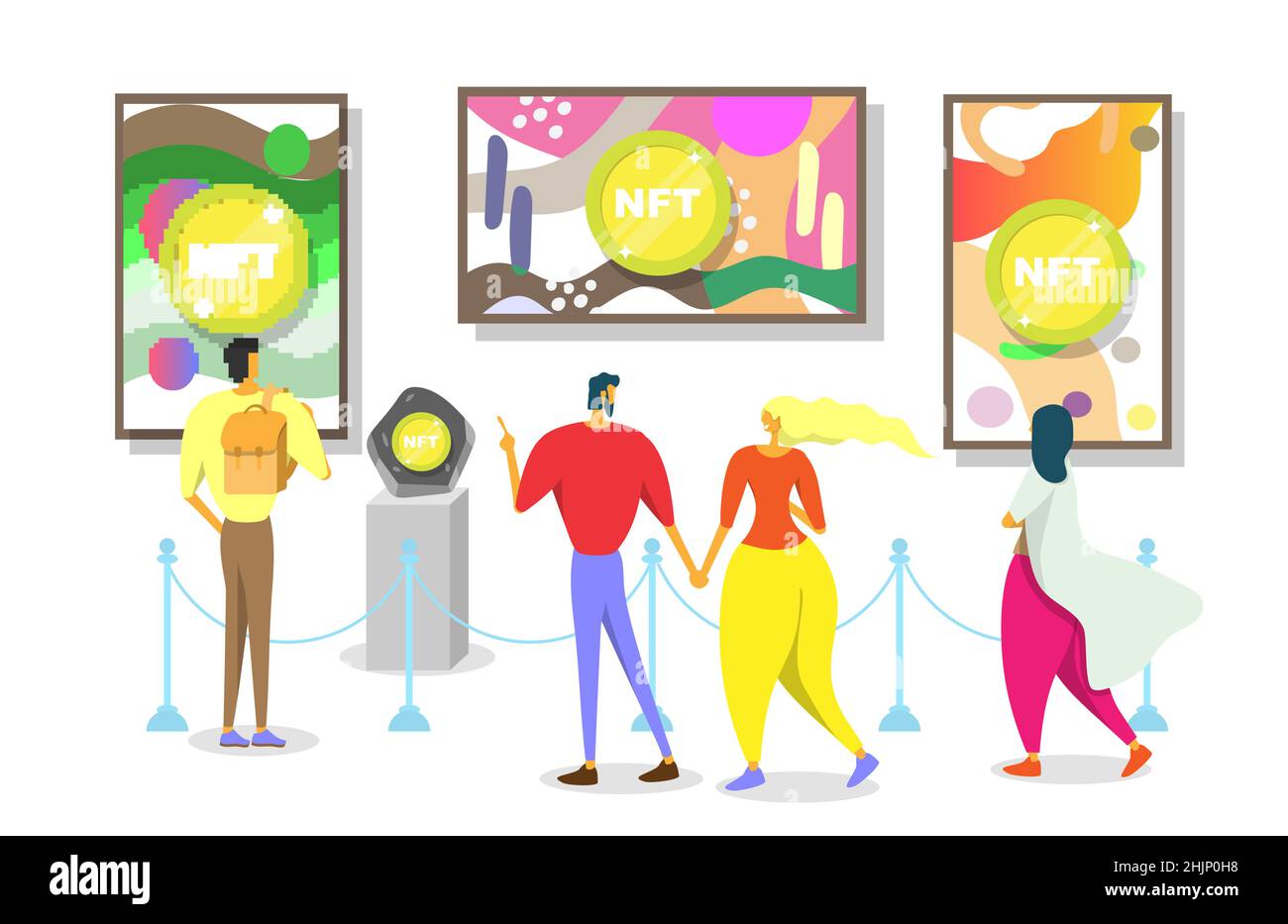 Non fungible token. Metaverse NFT crypto art gallery, digital art market, blockchain technology ...