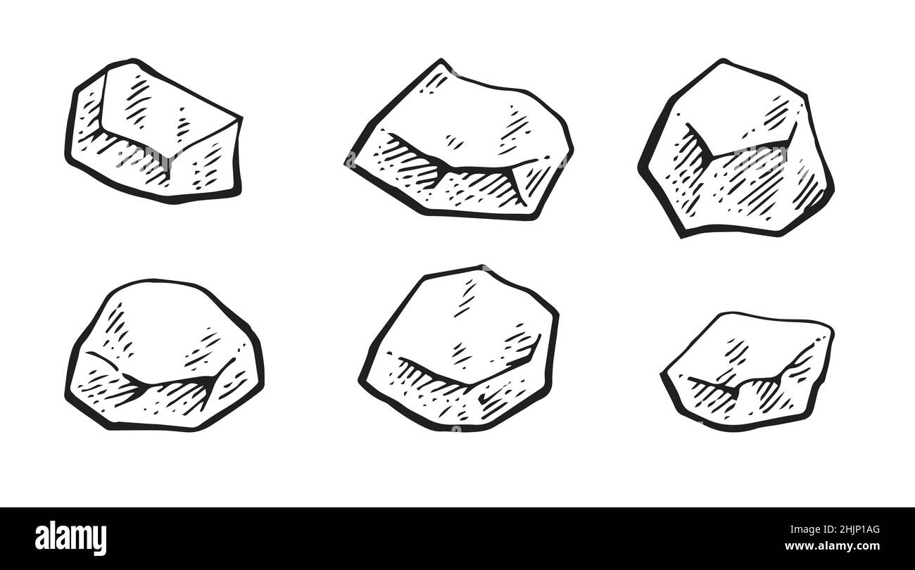 Set of uneven stone. Rock in the style of contour engraving. Sketch ...
