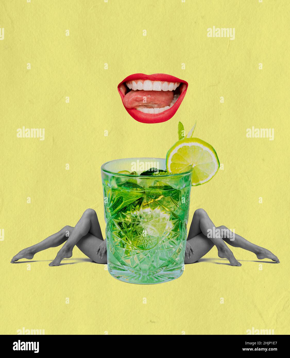 Huge mojito cocktail glass and female slender legs and open mouth ...