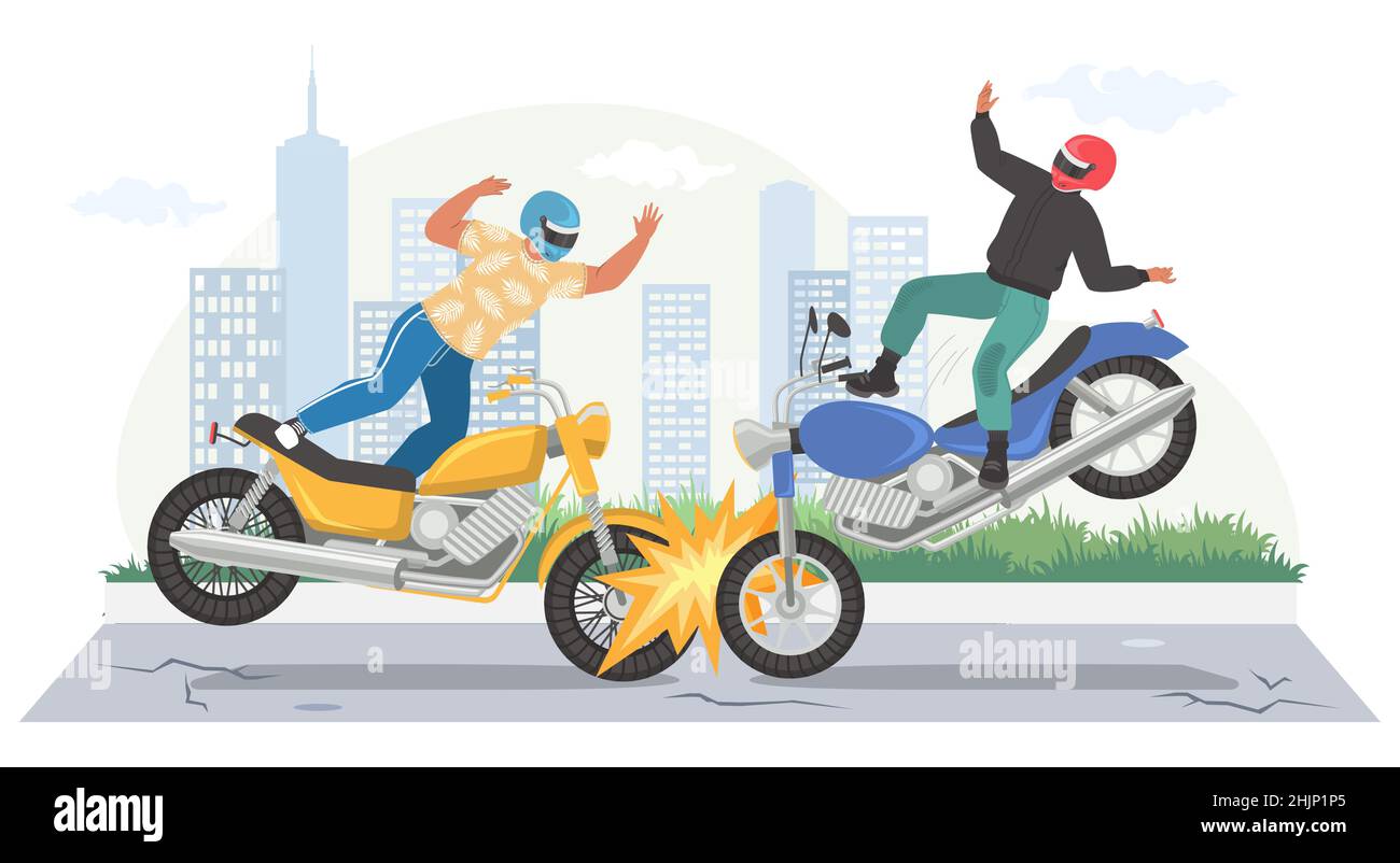 Motorcycle accident, vector illustration. Road crash. Two motorbikes ...