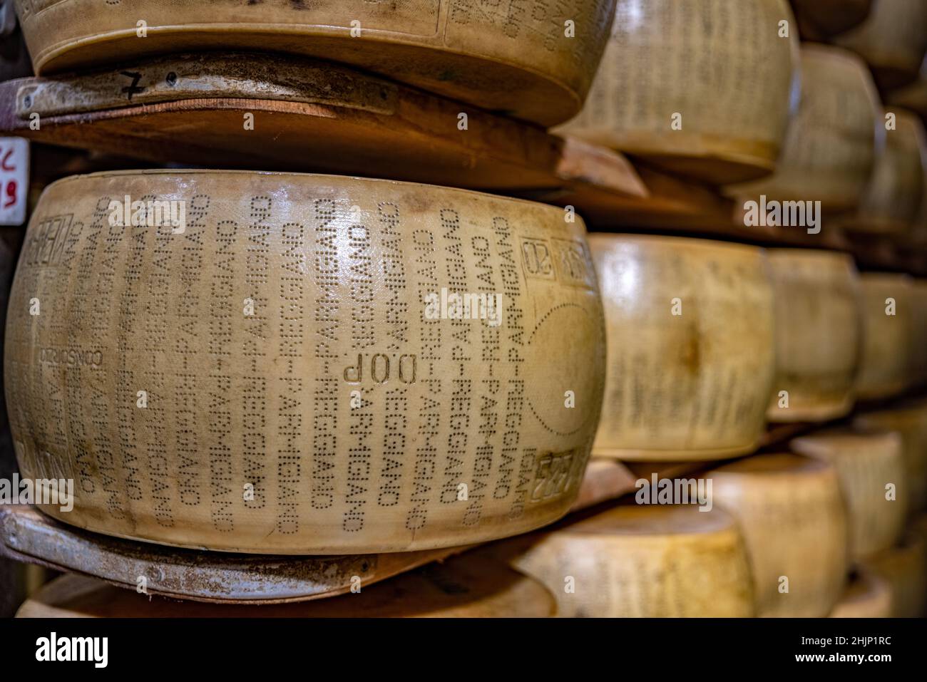 Selective focus of a parmesan (parmigiano reggiano) cheese wheel on a ...