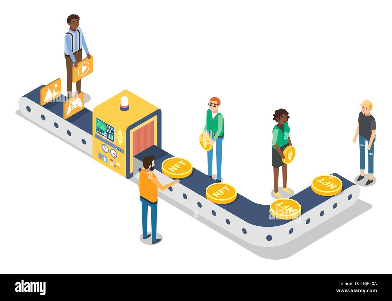 NFT minting process, flat vector isometric illustration. Conveyor belt ...