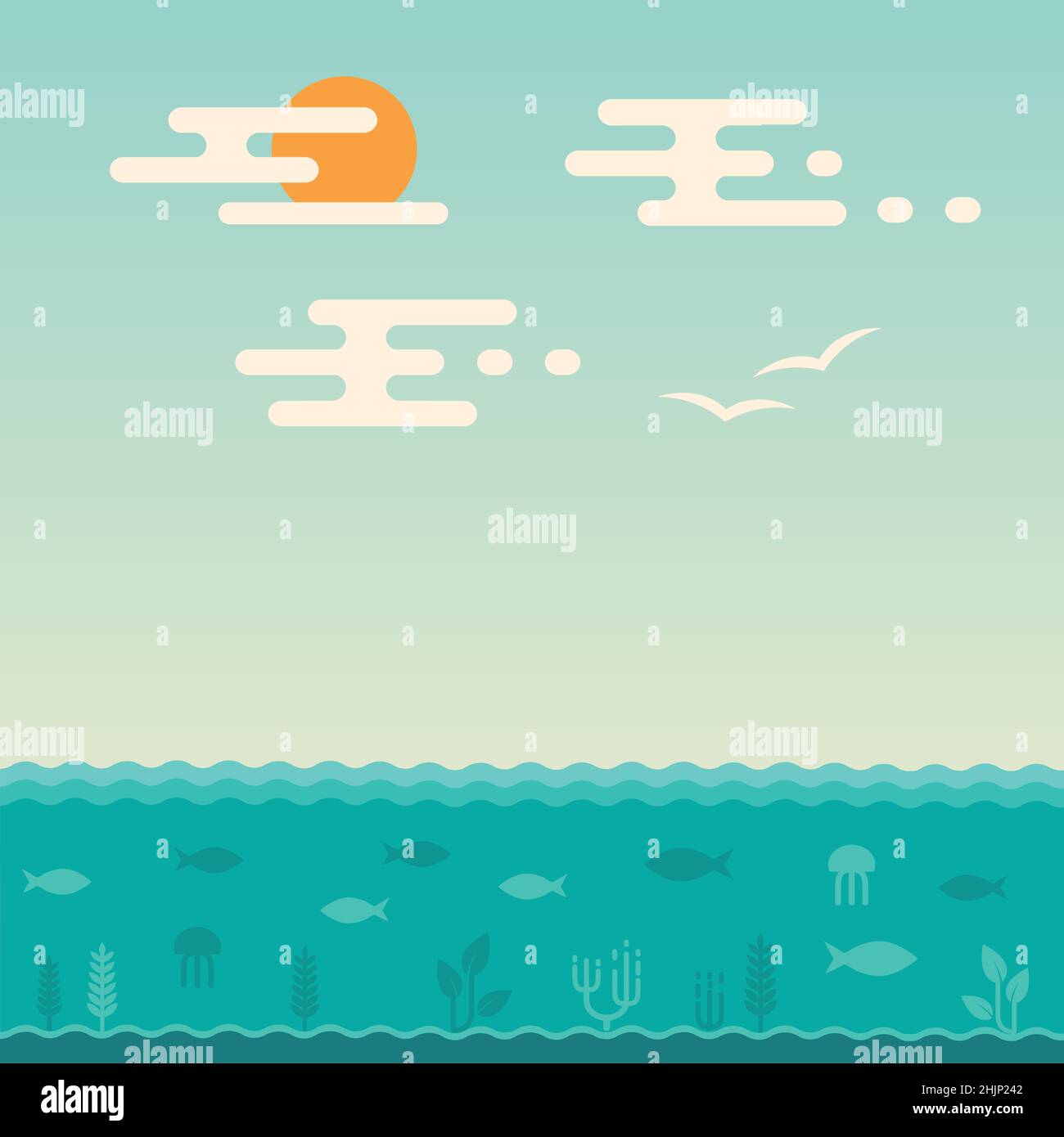 Vector illustration of blue sea and sky background, water wave, ocean ...