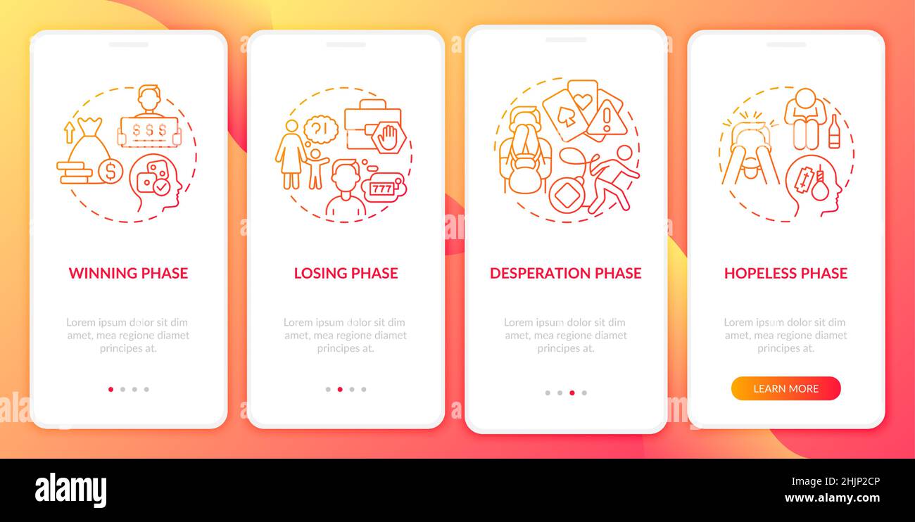 Phases of gambling addiction red gradient onboarding mobile app screen ...