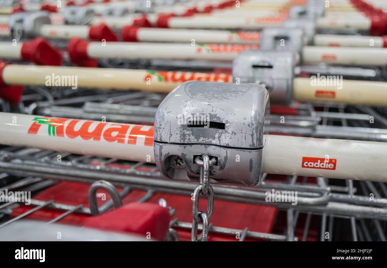 Moscow, Russia, June 2020: Close-up of a coin-operated receiver on the ...