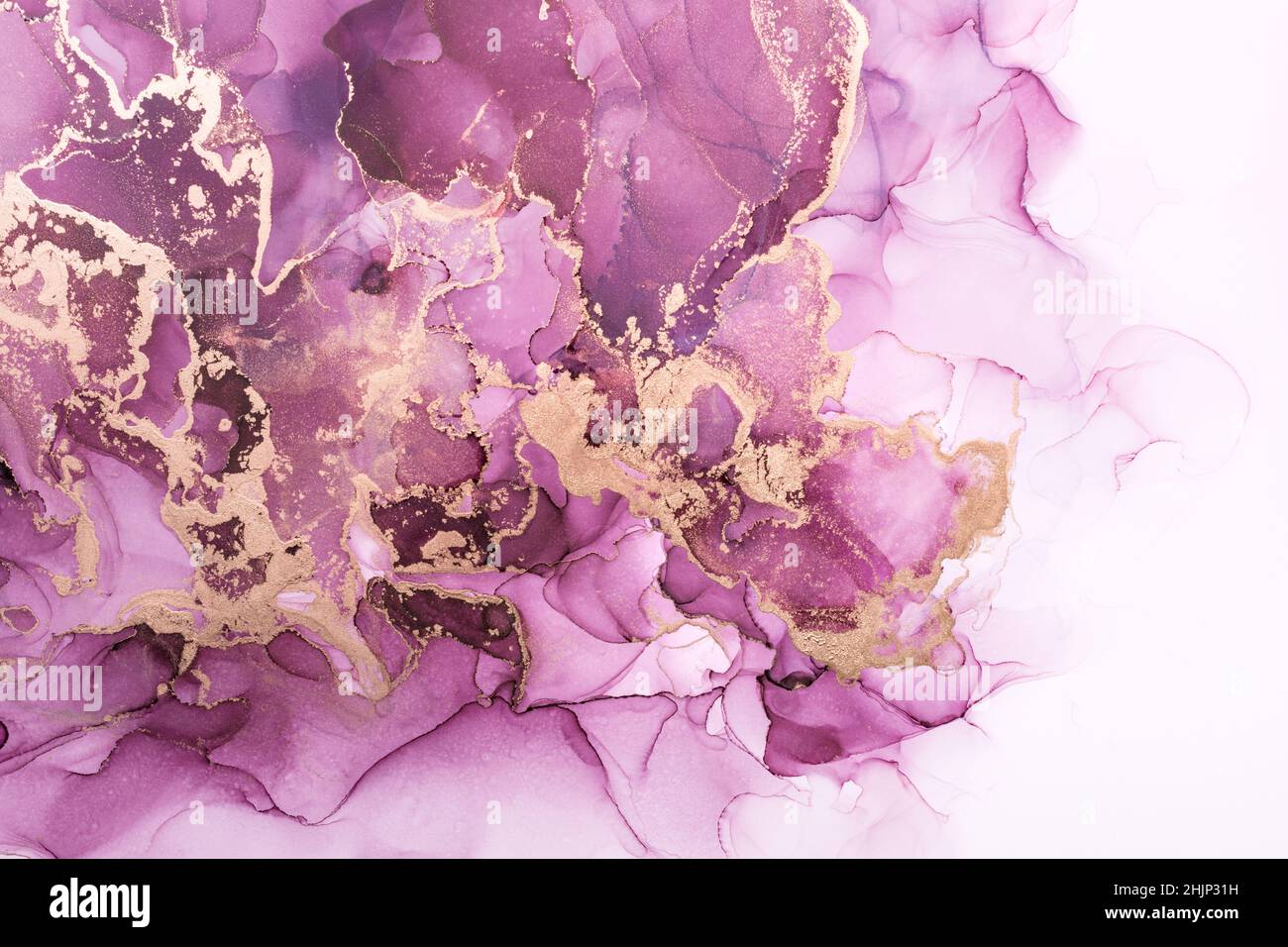 Close-up of purple and golden alcohol ink abstract texture, trendy ...