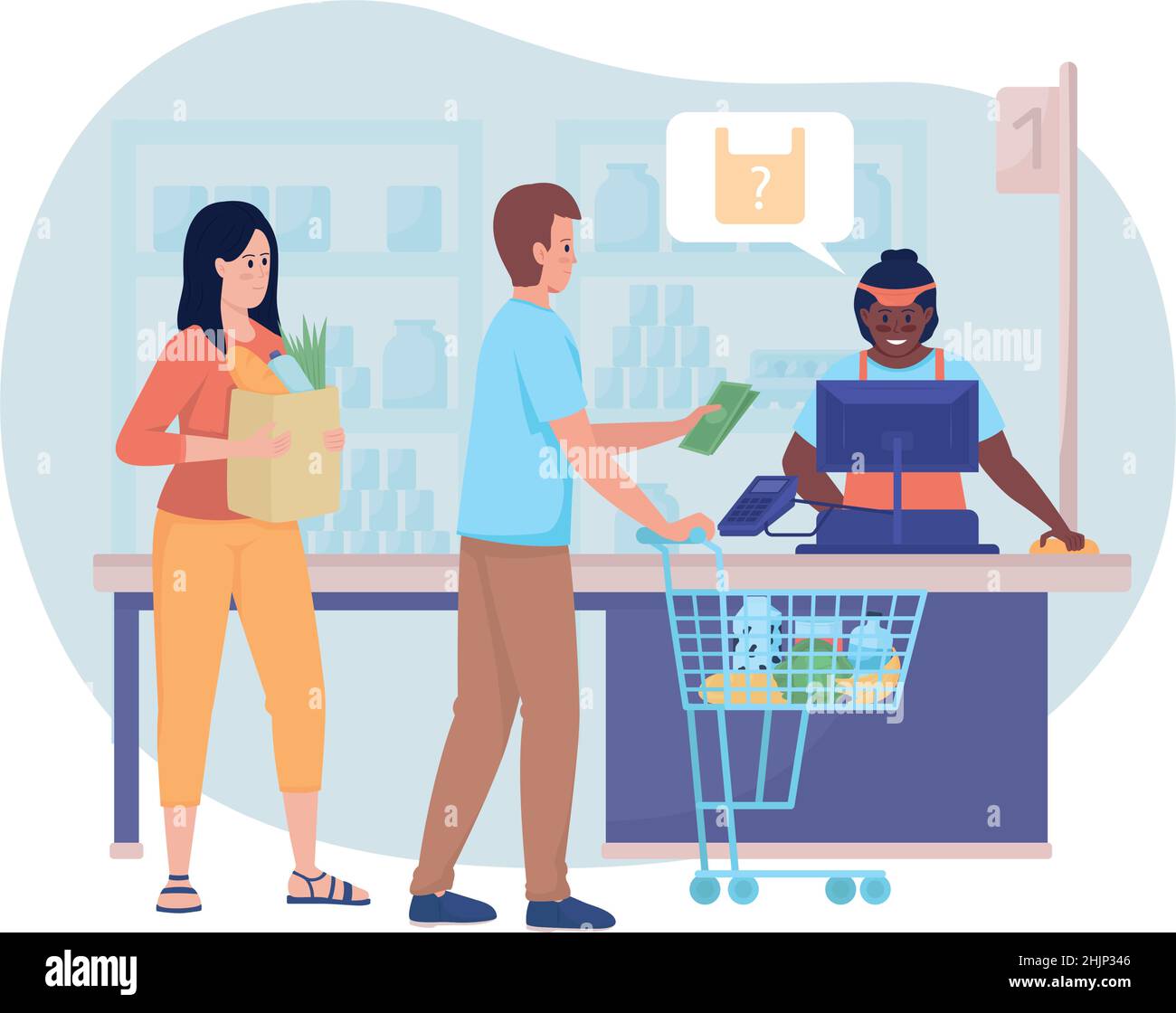 Supermarket queue on cash register 2D vector isolated illustration ...