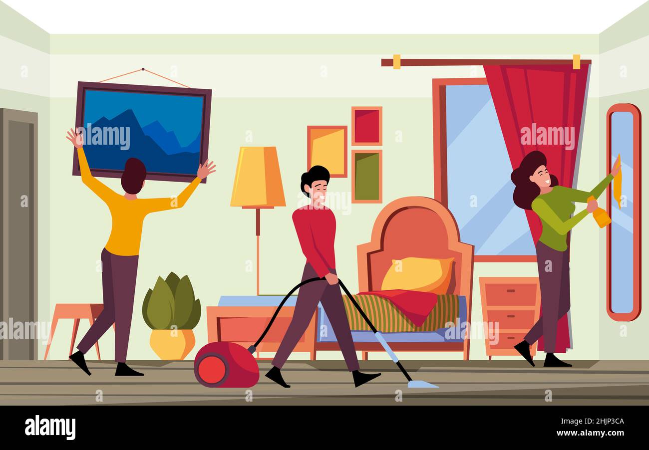 Family cleaning room. Domestic housework parents cleaning home with ...