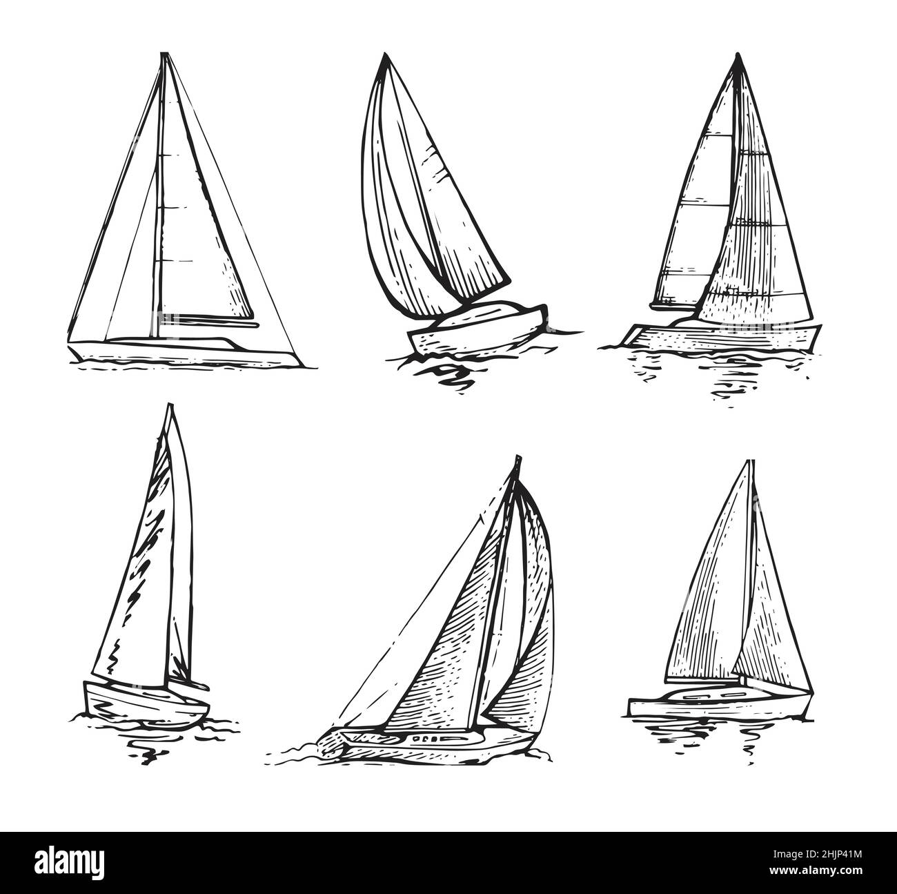 Set of sailing yacht floats on waves. Small ship for recreation and ...