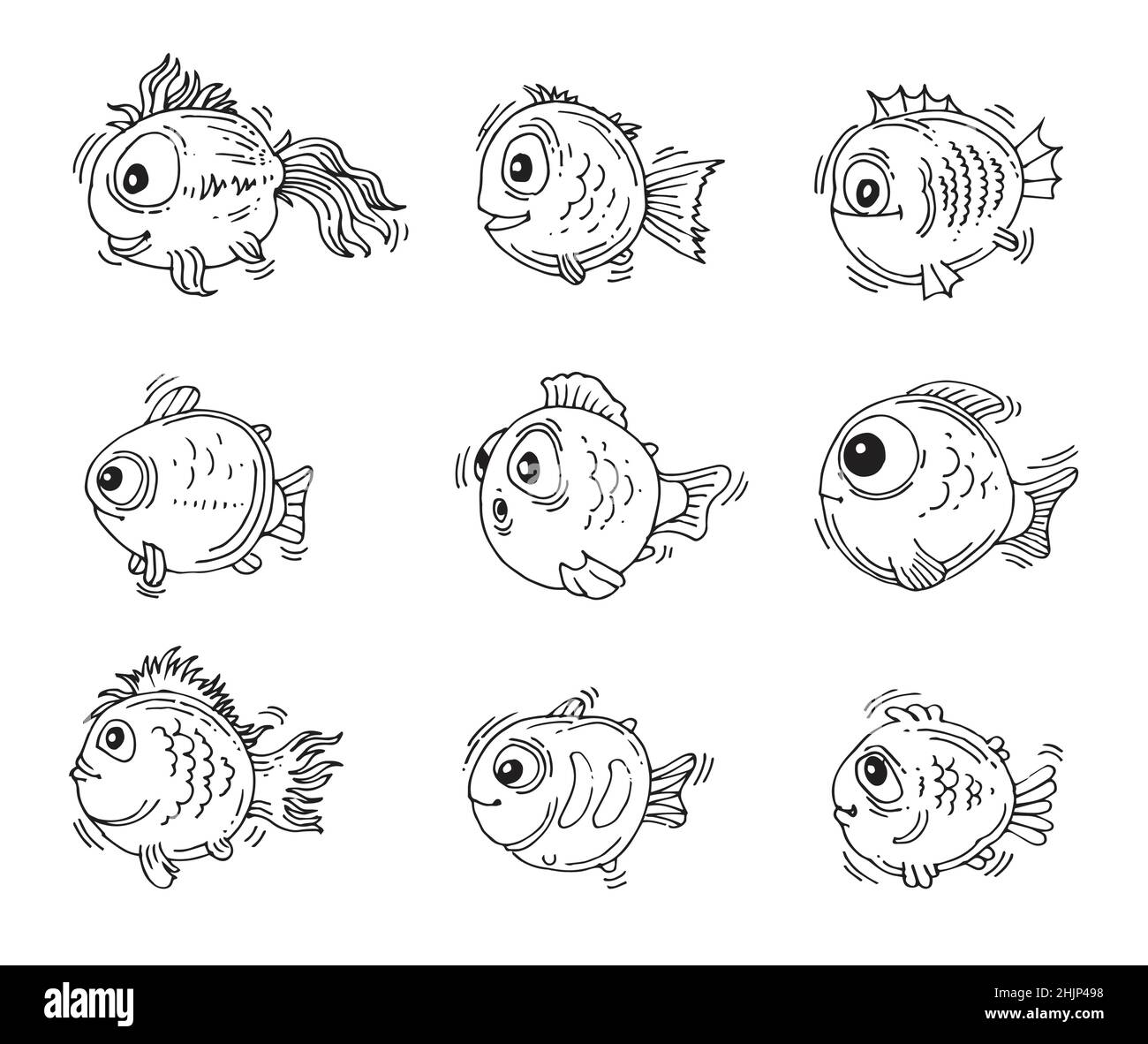Set of Funny round fish. Cartoon animal character. Underwater world ...