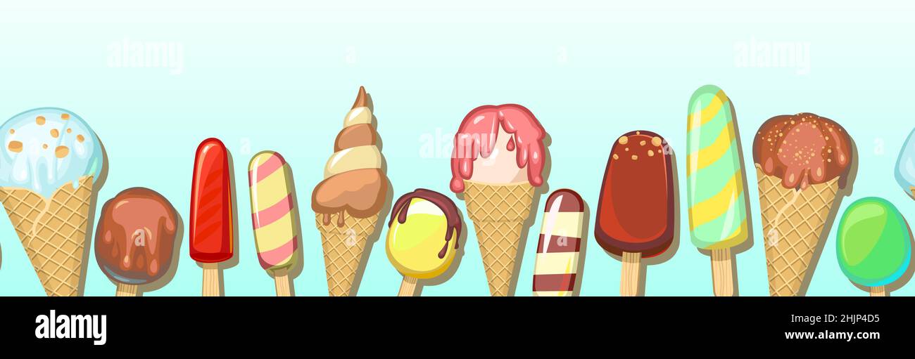 Various ice cream. Horizontal seamless background illustration. In ...