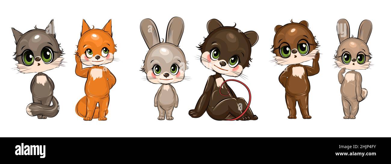 Set of Little cubs. Cute funny animal. Child. Cartoon style. Hare and ...