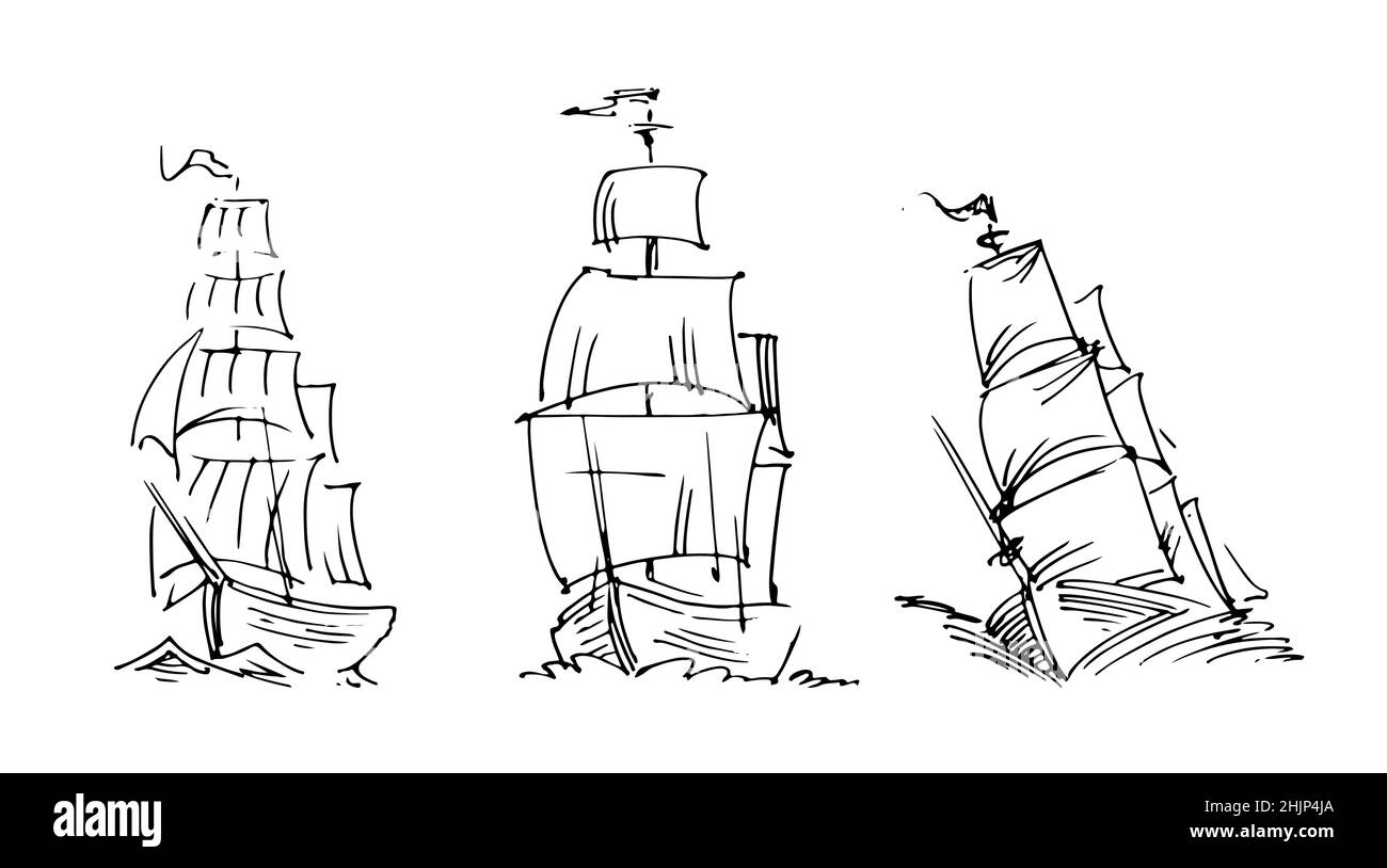 Set of sailboat floats on waves. Big ship. Outline sketch. Hand drawing ...