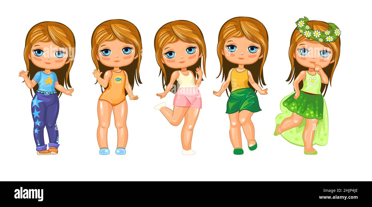 Cute little girl doll with blue eyes. Fun cartoon style. Set of ...